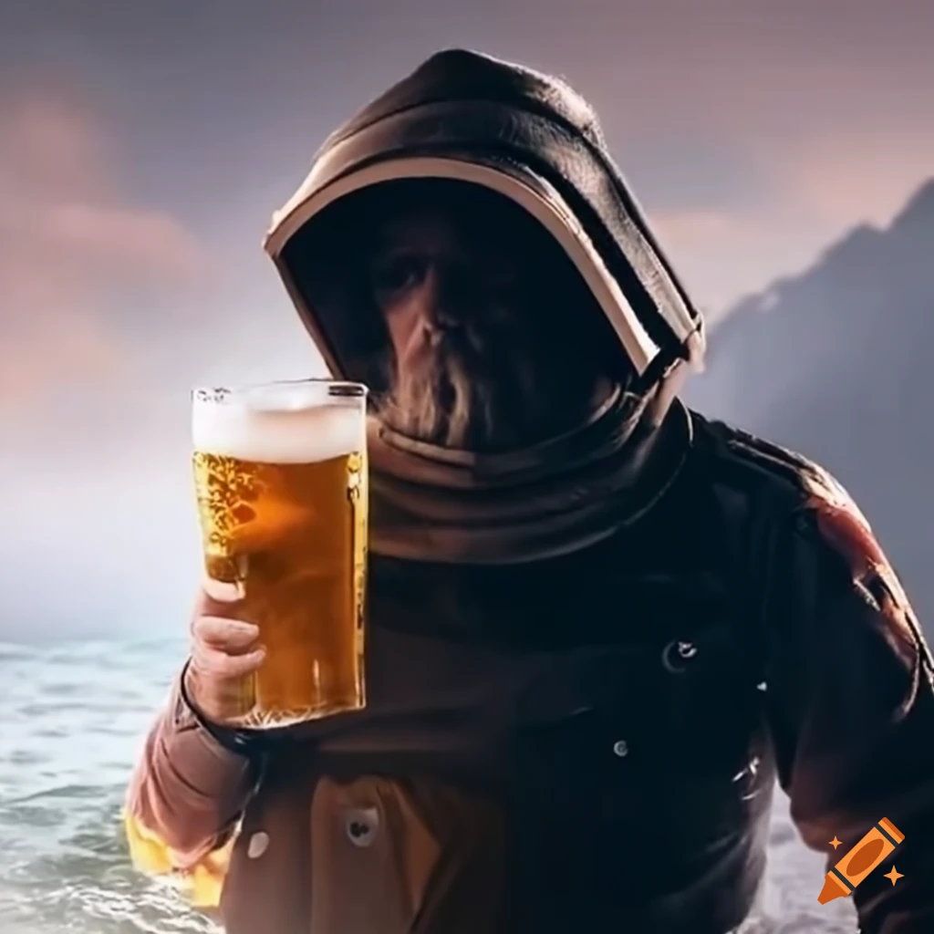 Security guy from beekeeper movie drinking beer while surfing on Craiyon