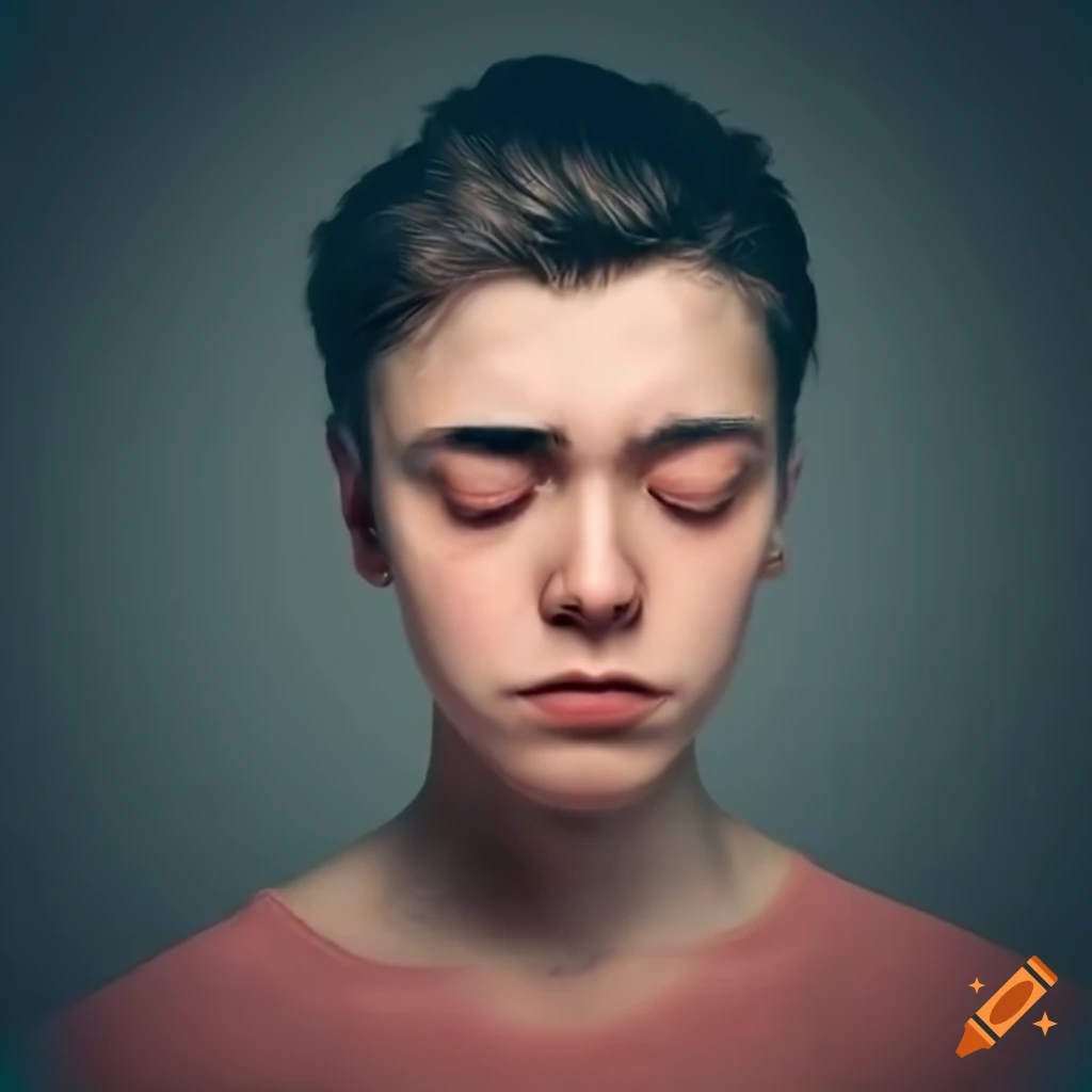 Young man with downcast eyes and thoughtful expression on Craiyon