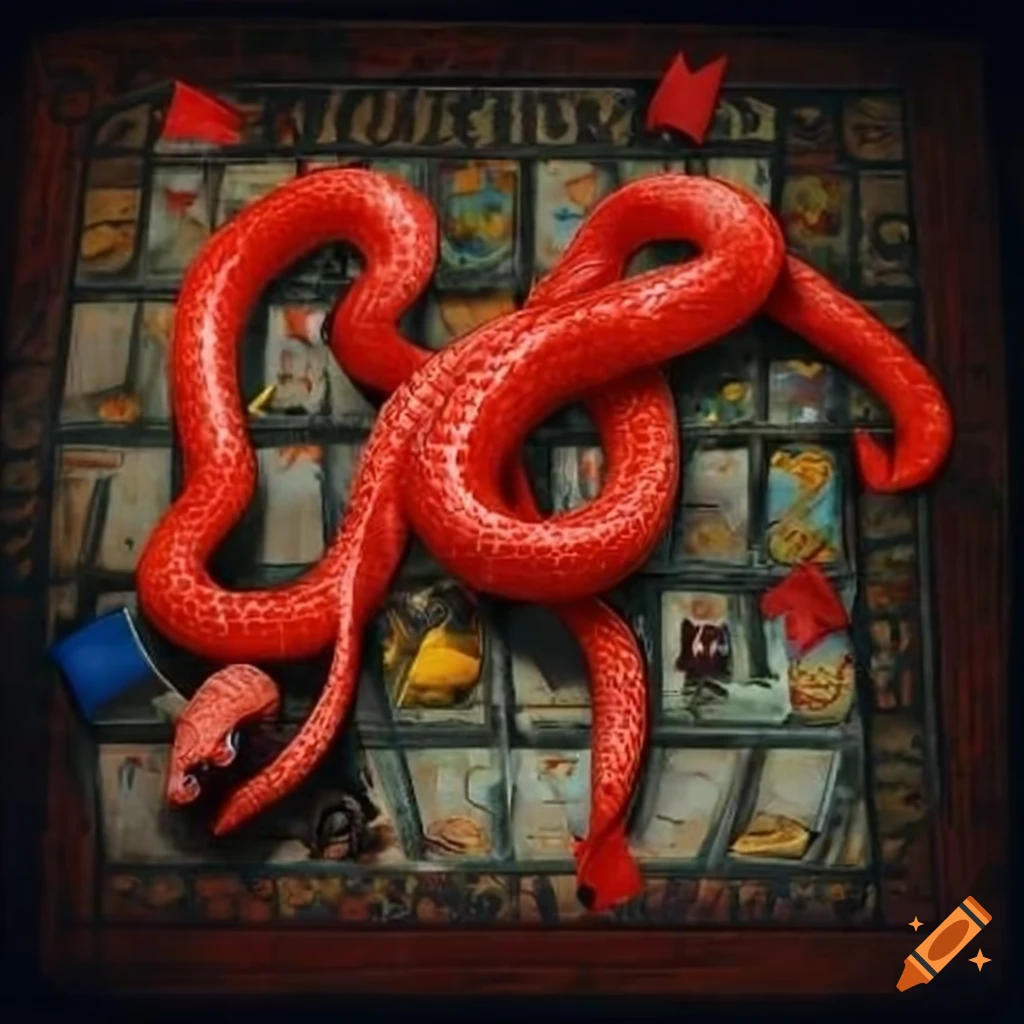 Snakes and ladders board game with red flags on Craiyon
