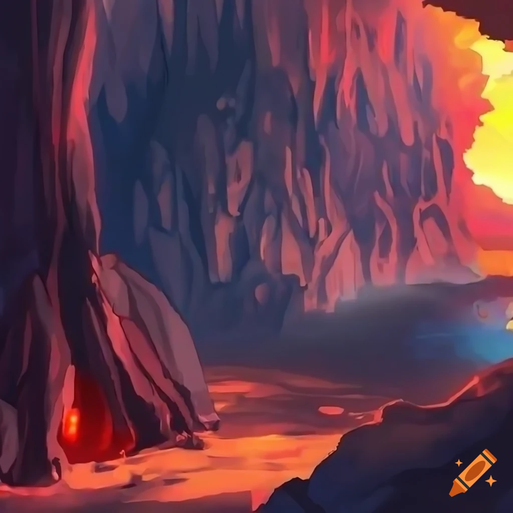 Volcanic landscape with caves in anime art style on Craiyon