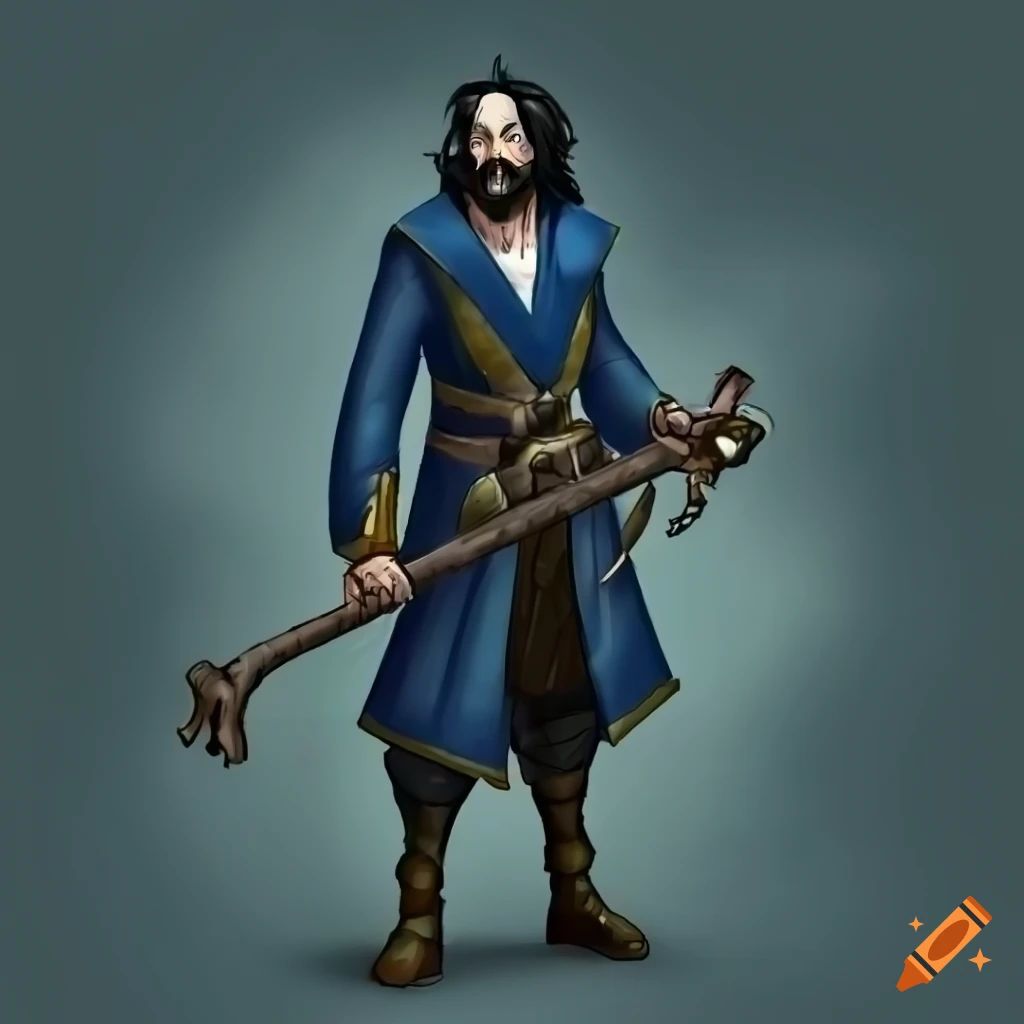 Powerful wizard with short black beard and hair in dark blue doublet ...