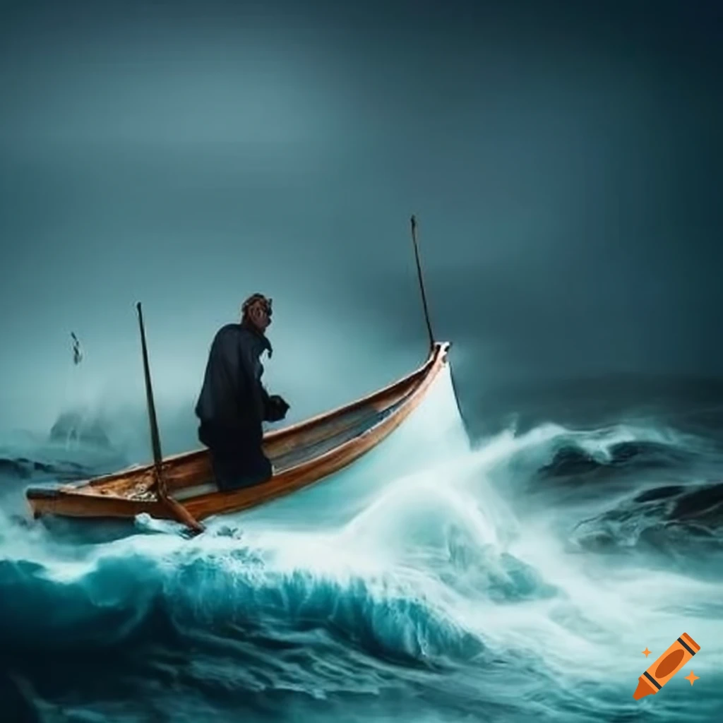 Man in a boat navigating rough seas on Craiyon