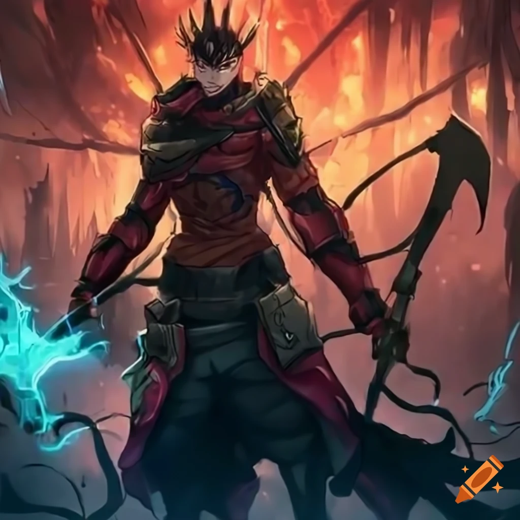 Anime demon leader leading human military with axes in battle suits at ...