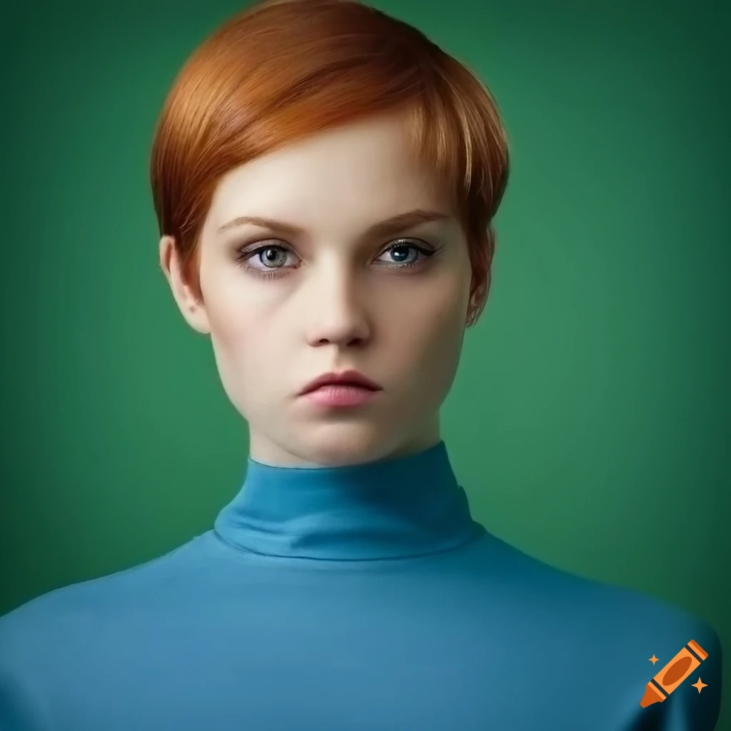 Quirky Pretty Girl With Short Auburn Hair In A Blue Shirt On A Green