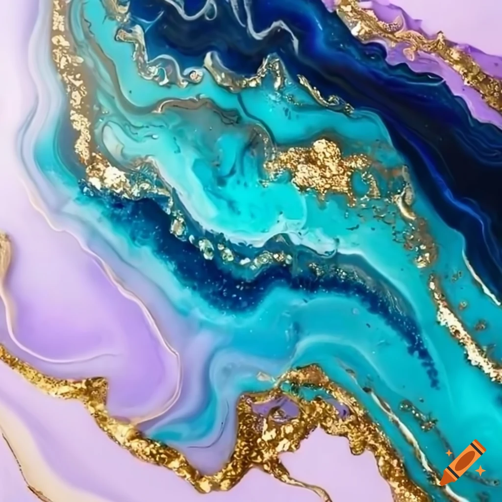 Lilac and turquoise epoxy resin art with gold and navy blue accents on ...