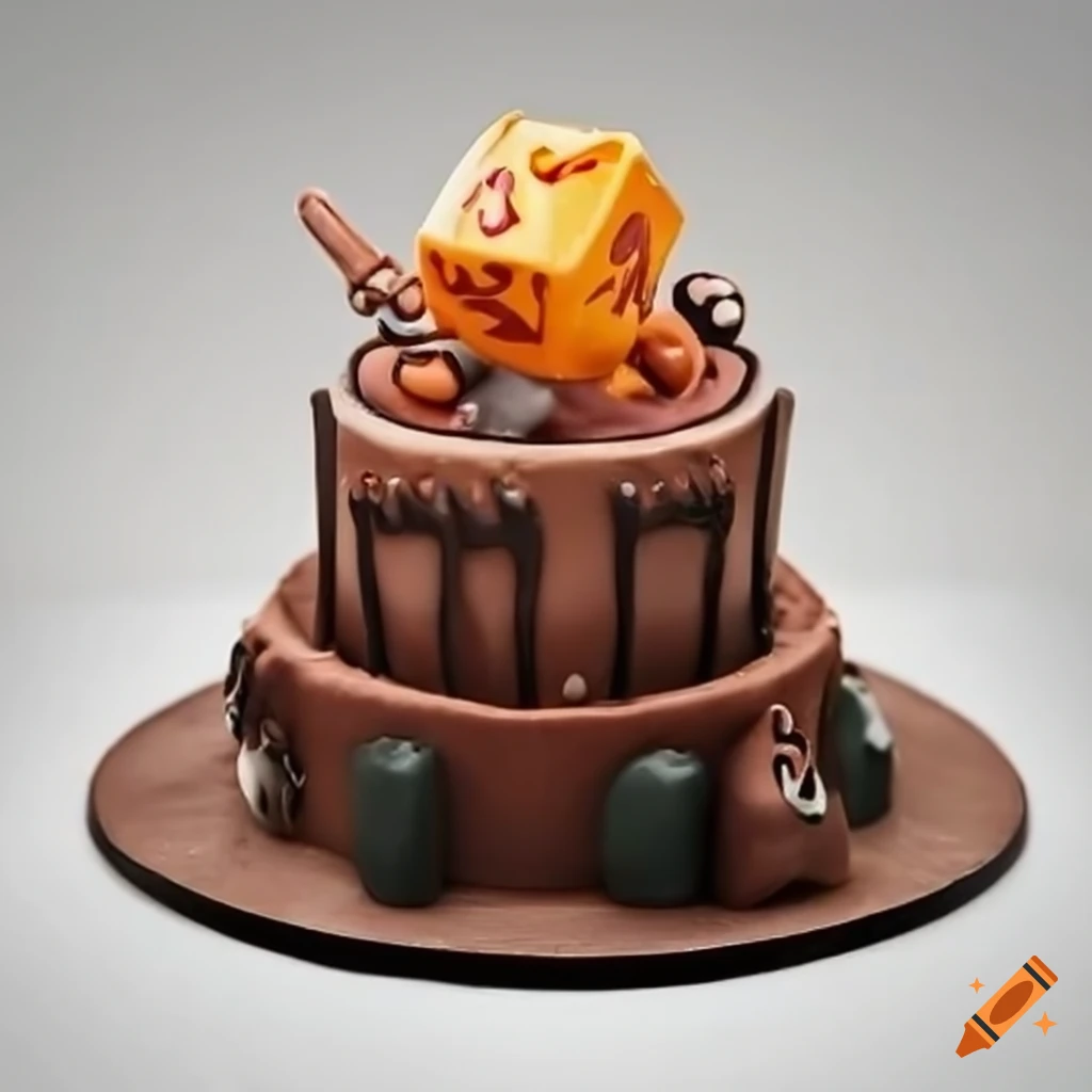 RPG-themed cake with toy figurines and dice on Craiyon