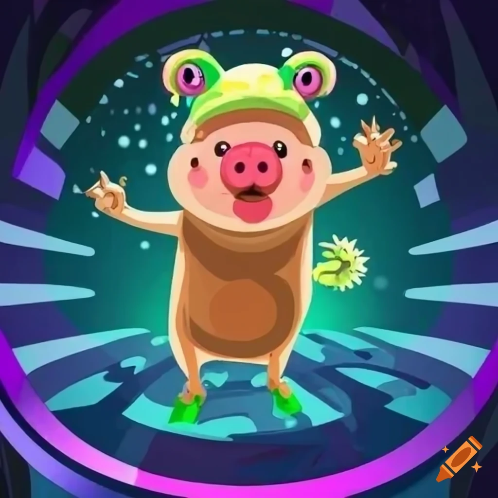 Adorable cartoon pig dancing in a disco with a frog-shaped winter hat ...