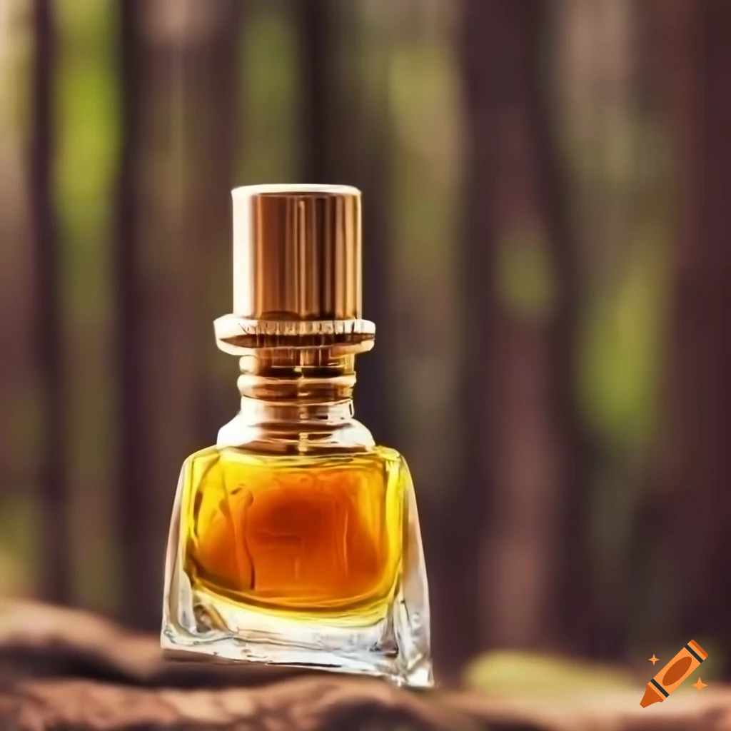 Arabic perfume on old wood with forest background on Craiyon