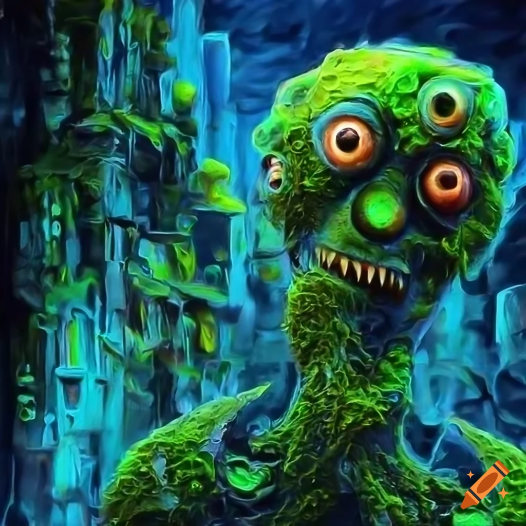 Glowing biopunk cityscape with mutant tree monsters and crystals on Craiyon