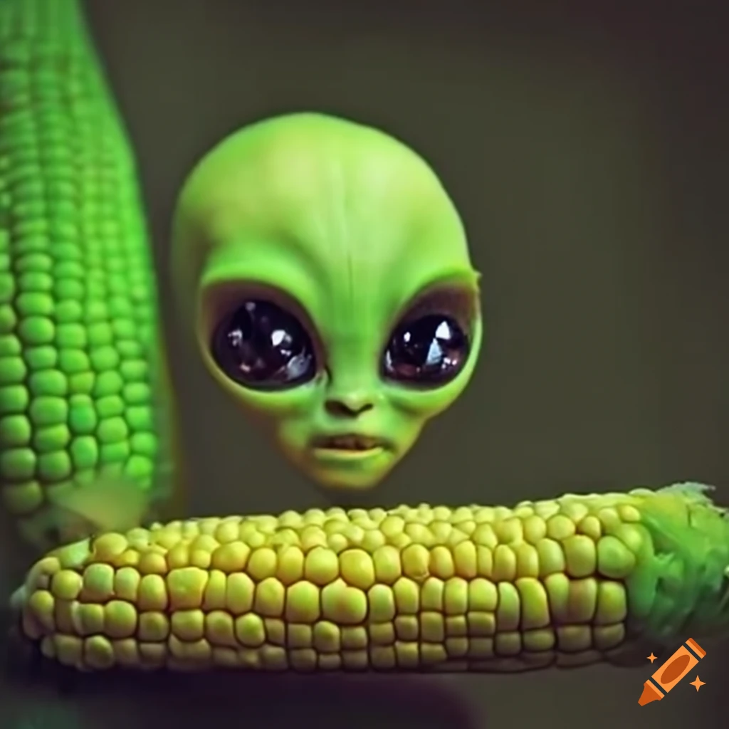 Curious green alien eating an ear of corn on Craiyon