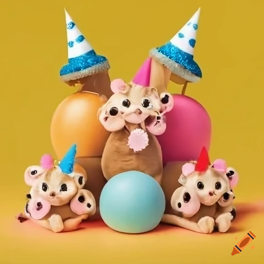 Baby animals having a birthday party with tiny hats and decorations on ...