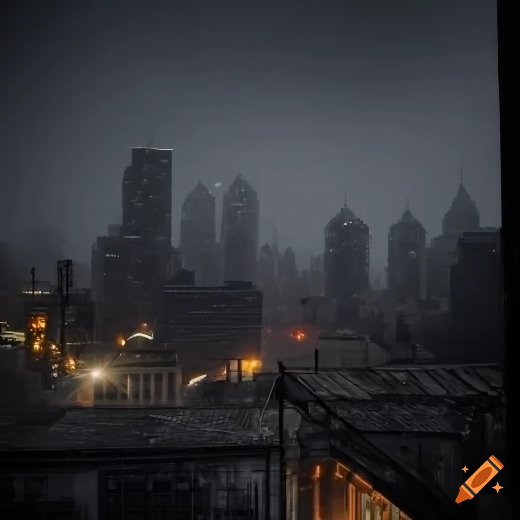 Rainy rooftop view in a dark city skyline with illuminated streetlights ...