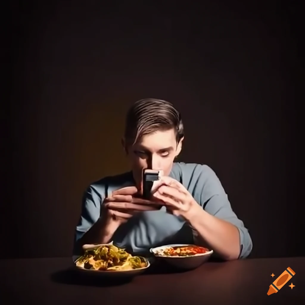 Bored man scrolling through tiktok during dinner on Craiyon