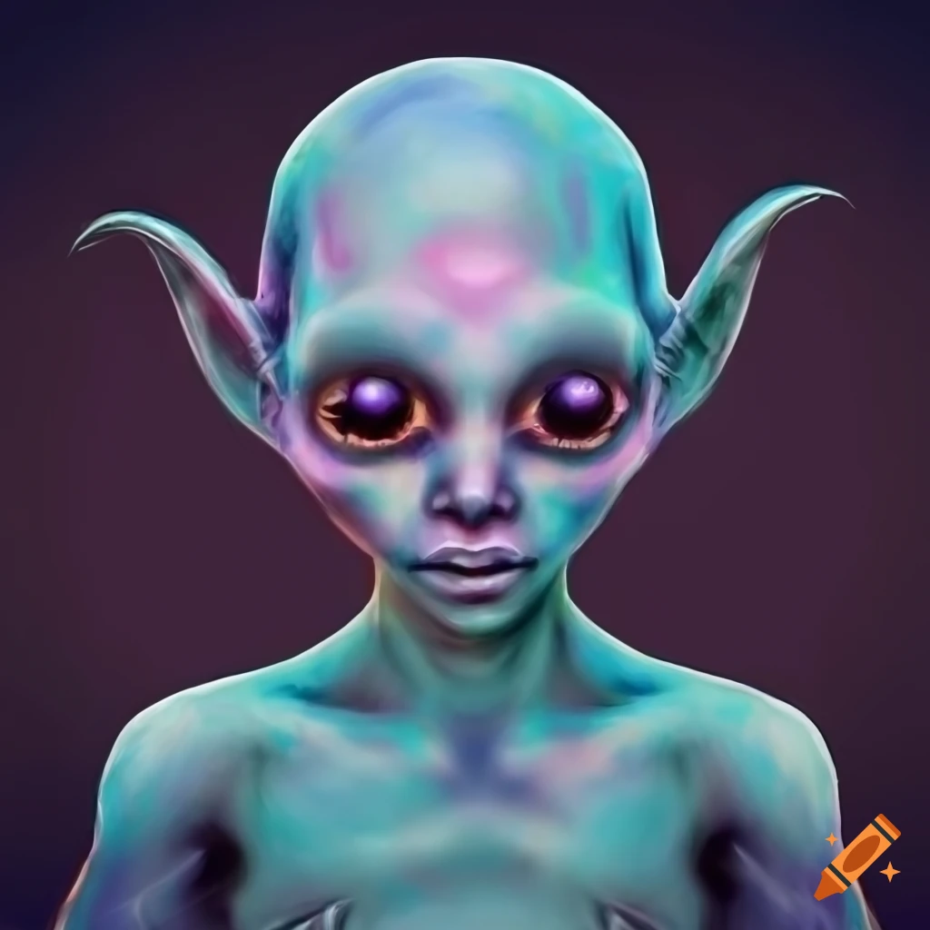 Highly detailed elf-like alien with lavendar, pink, and blue skin in ...