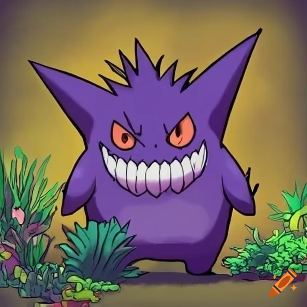 Playful pokemon gengar in a colorful garden on Craiyon