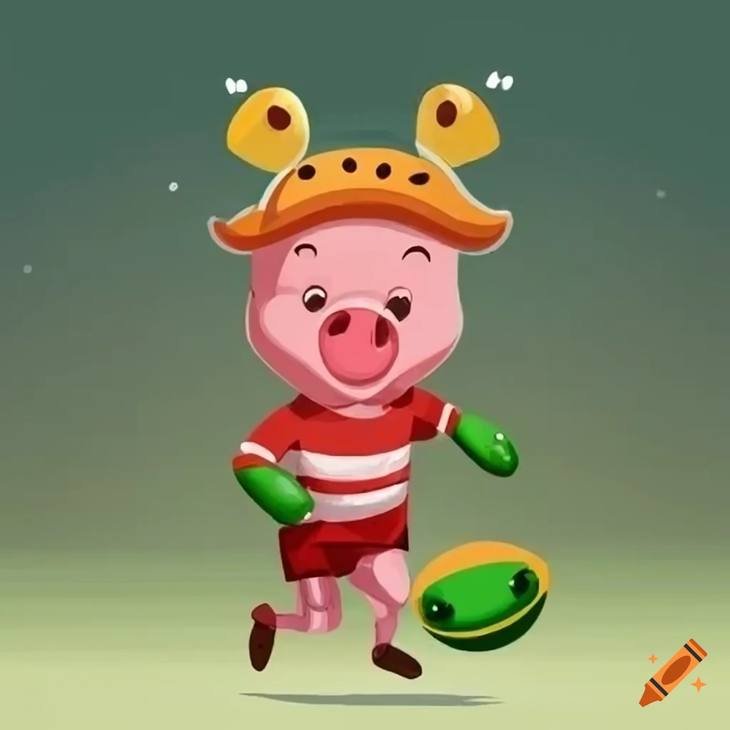 Cartoon pig in frog hat playing rugby on Craiyon