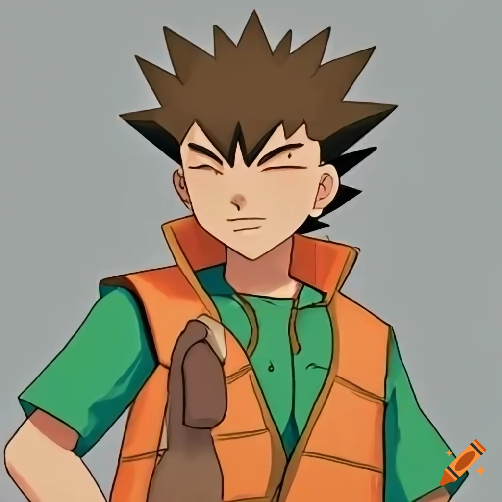 Brock from pokemon with eyes closed and wearing orange vest over green ...