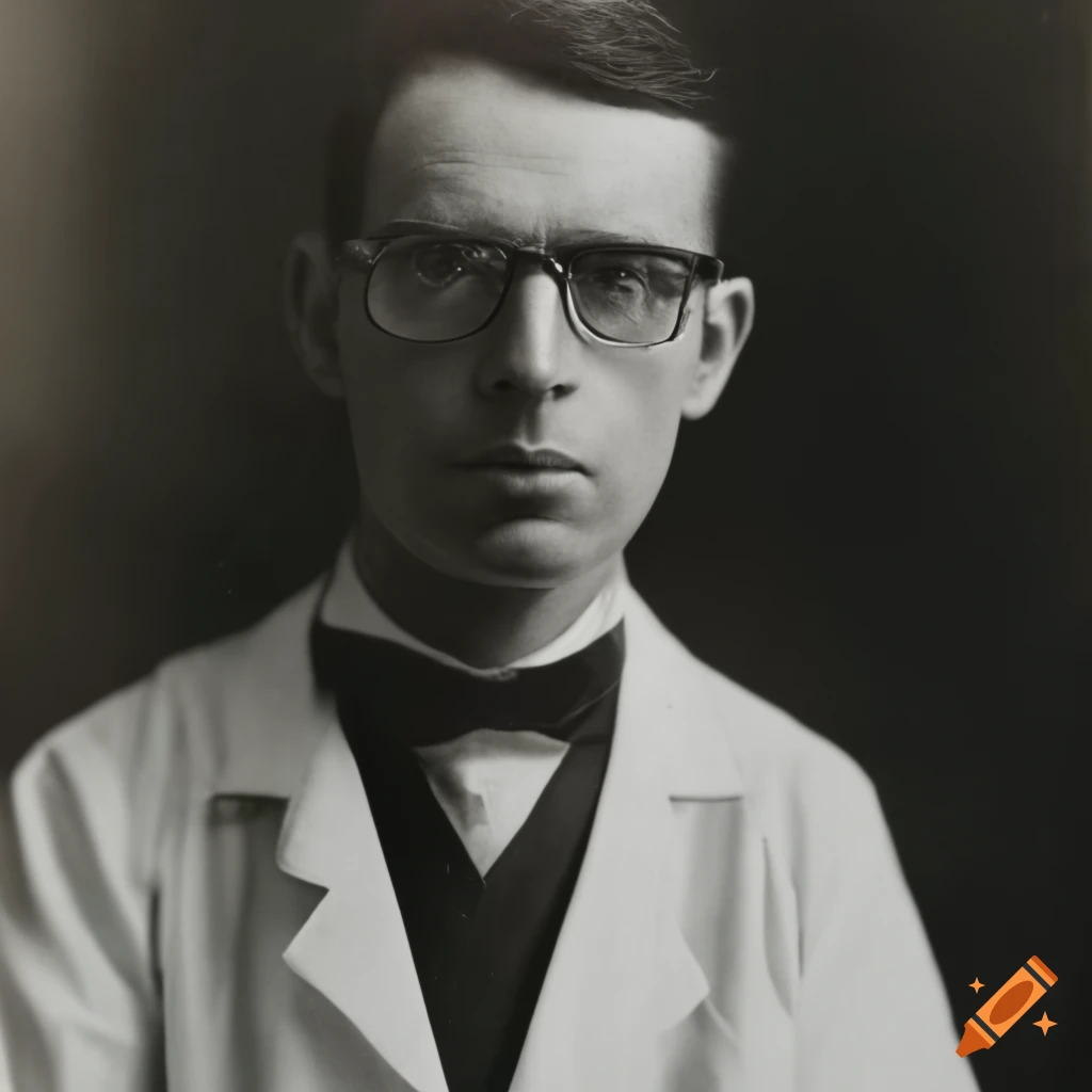 Male doctor with dark hair, glasses, and white coat in 1920s style ...