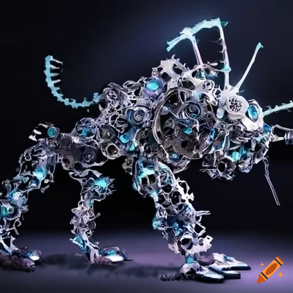 Mechanical beast crafted from crystals and cogs on Craiyon