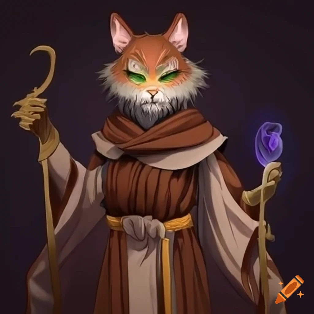 Grey furred bobcat tabaxi wizard conjuring a spell with a glowing staff ...