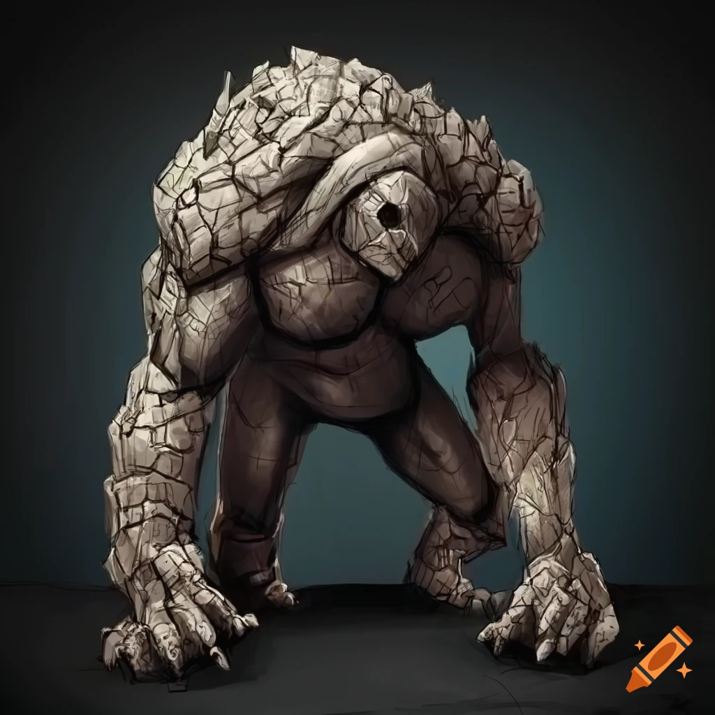 Quadrupedal rock golem in a sci-fi realism rough sketch art style on ...