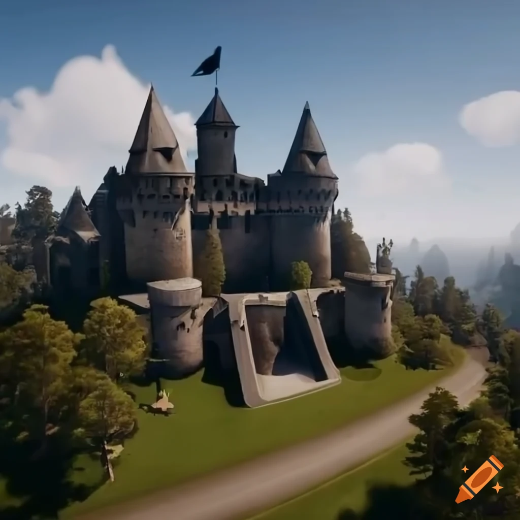 Aerial view of Australian castle surrounded by taiga forest and hills ...