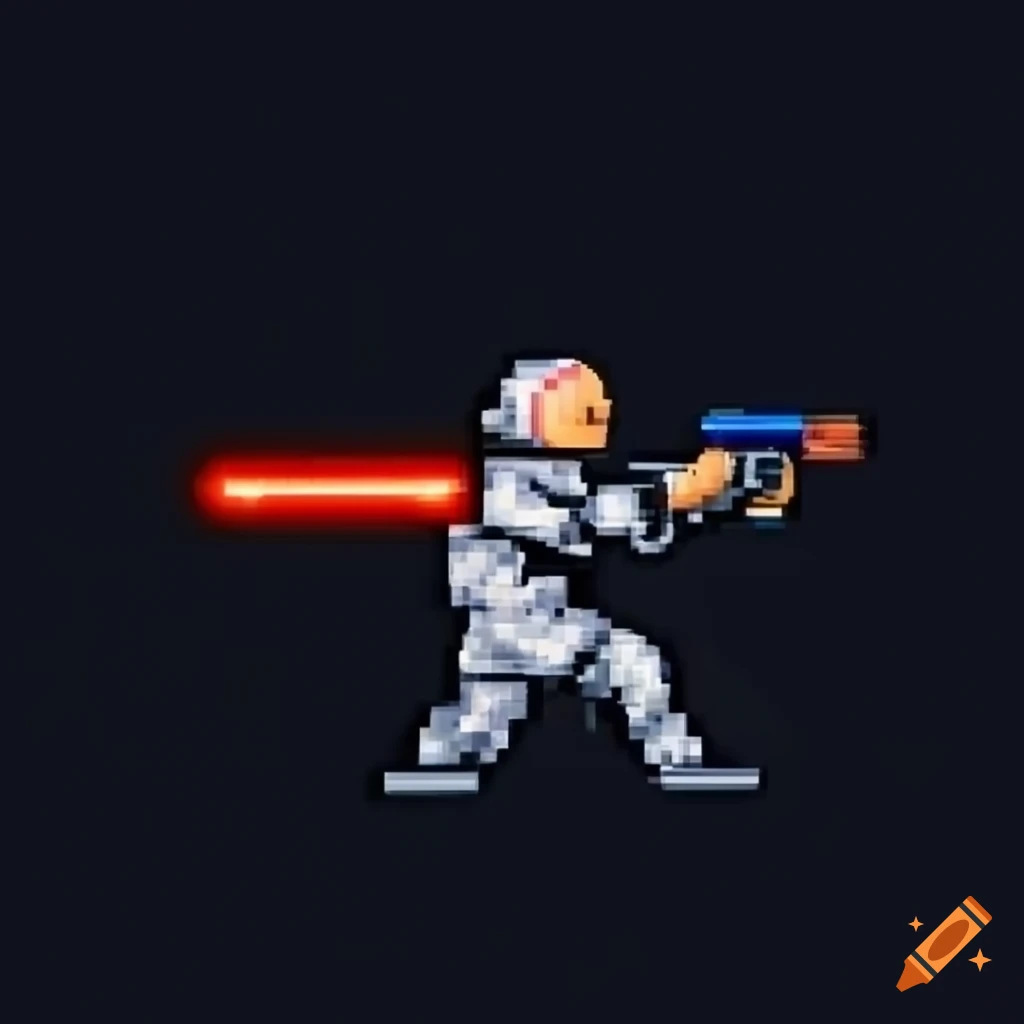 Space man with laser pistol in side view from a video game sprite on ...