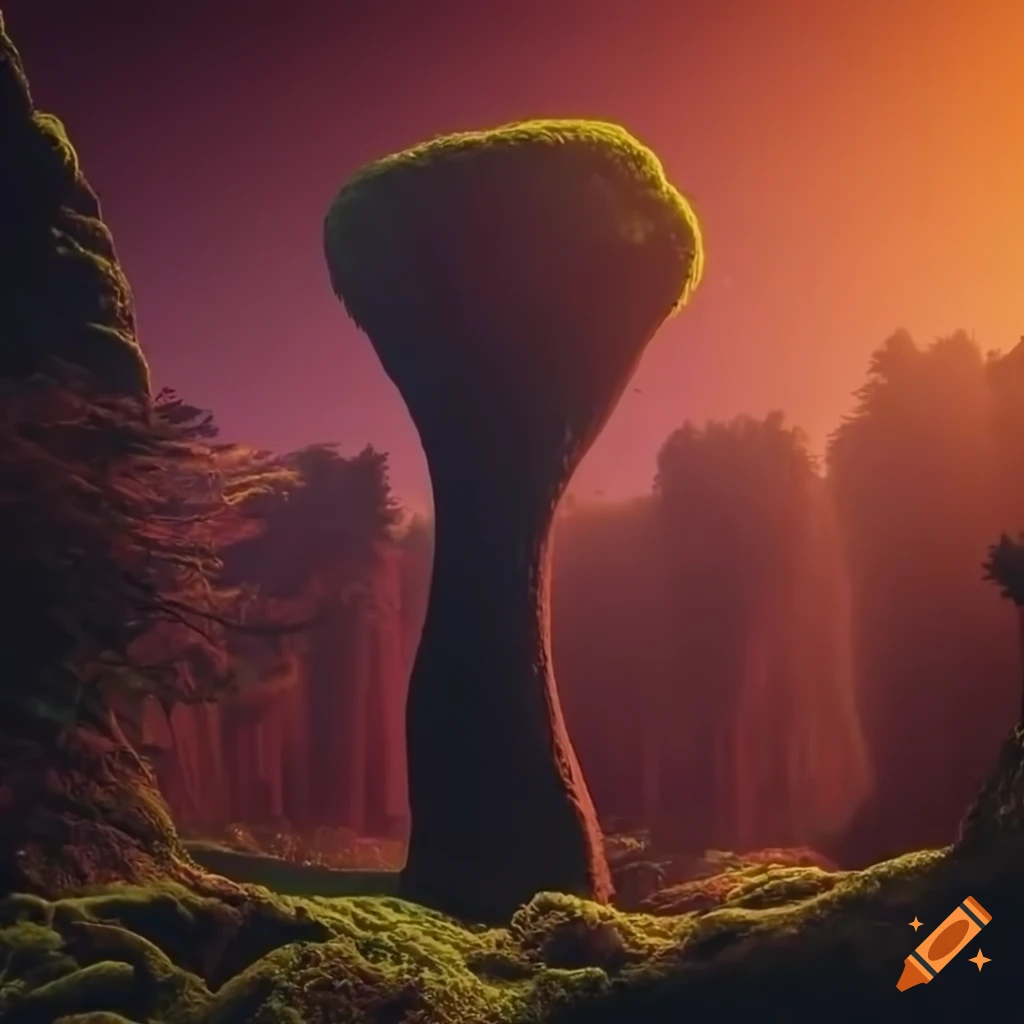 Moss-covered tower trees in a fern forest with a magic lake and verdant ...