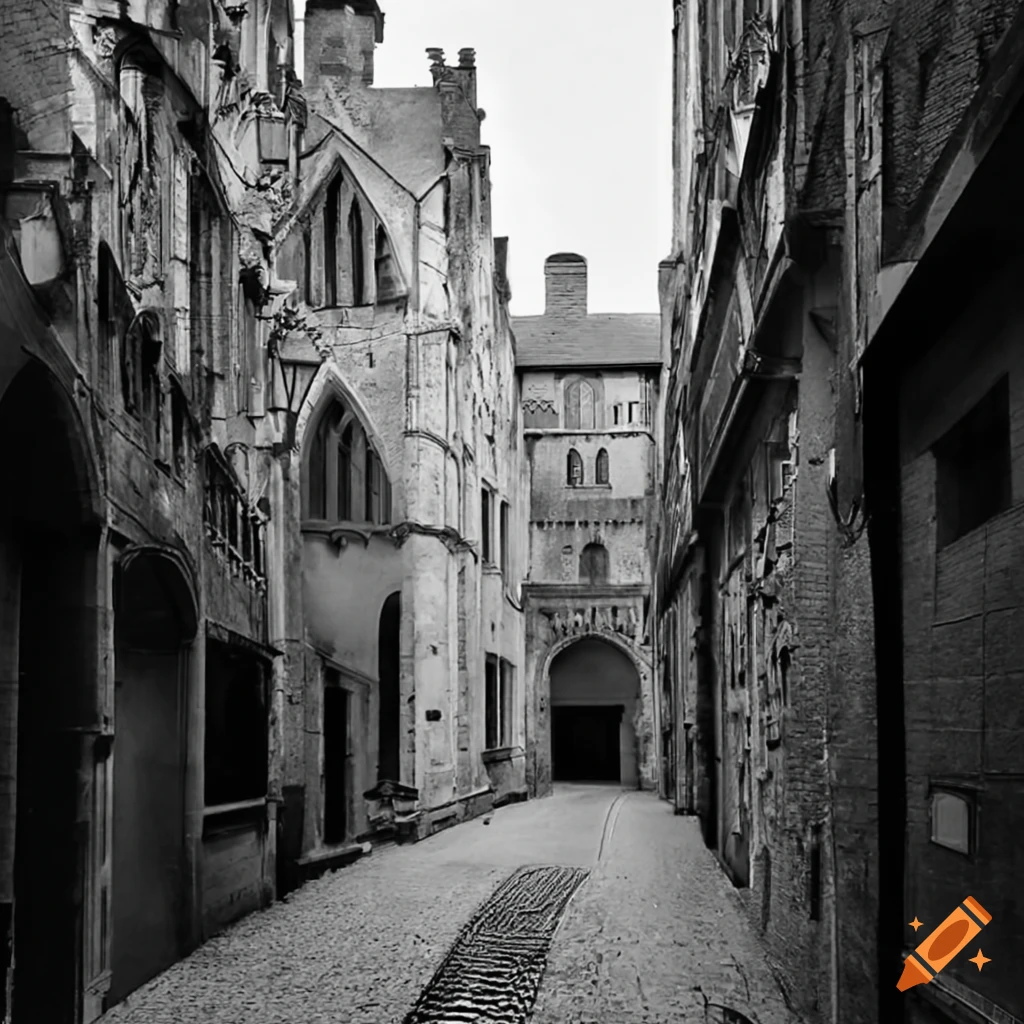 Hybrid design of colonial and gothic architecture in an alleyway on Craiyon