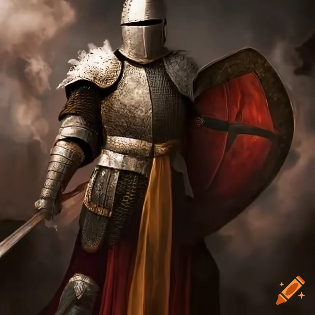 Victorious knight with ancient symbols raises shield against fallen ...