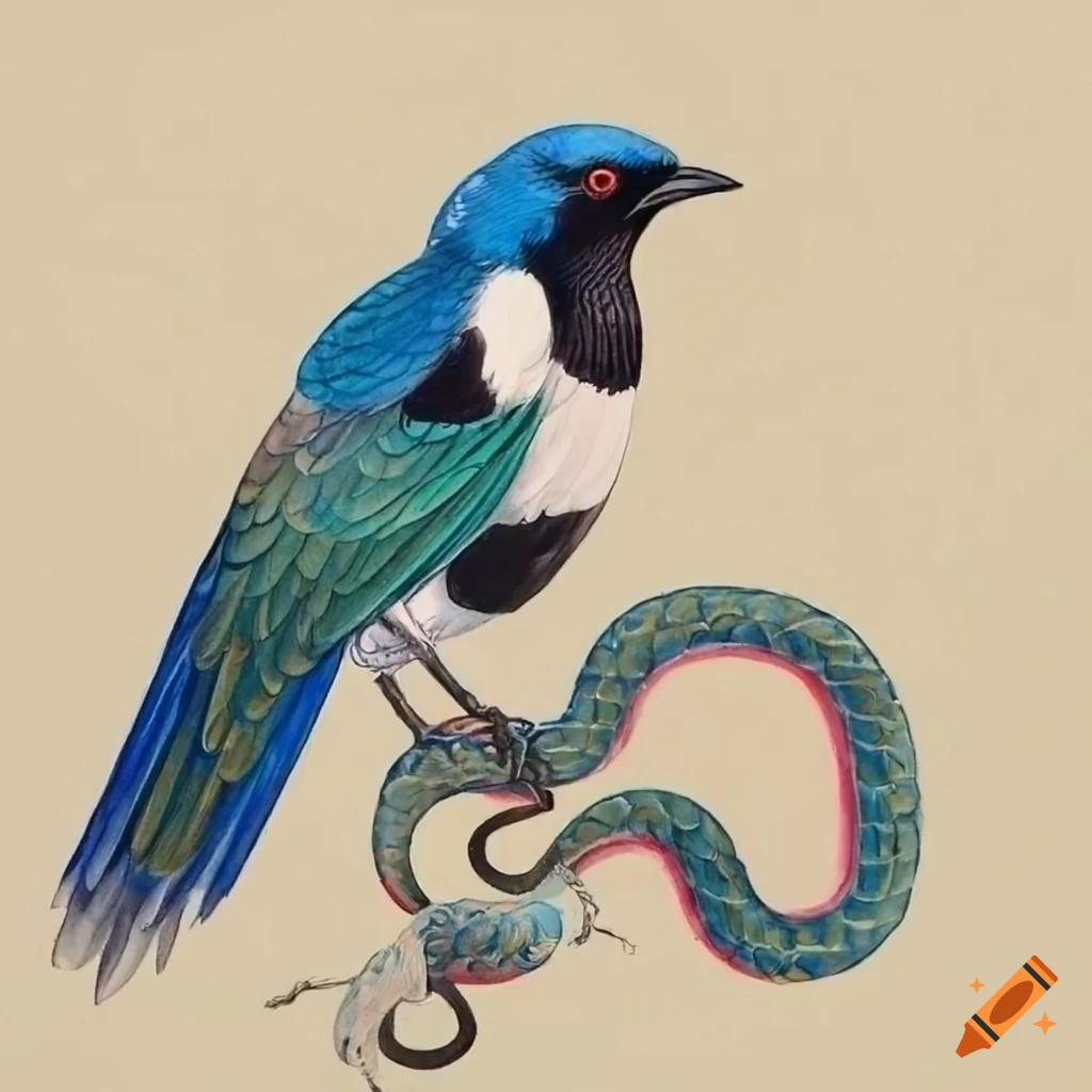 Korean painting of azure-winged magpie and snake on Craiyon