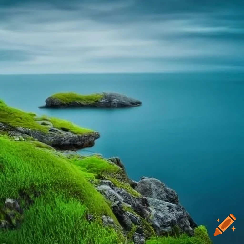Grey stony island with green grass surrounded by ocean on Craiyon