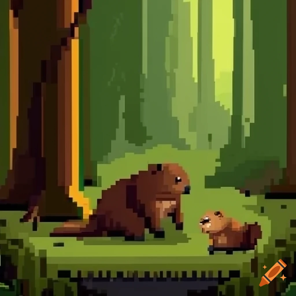 Family of beavers in a forest in pixel art style on Craiyon