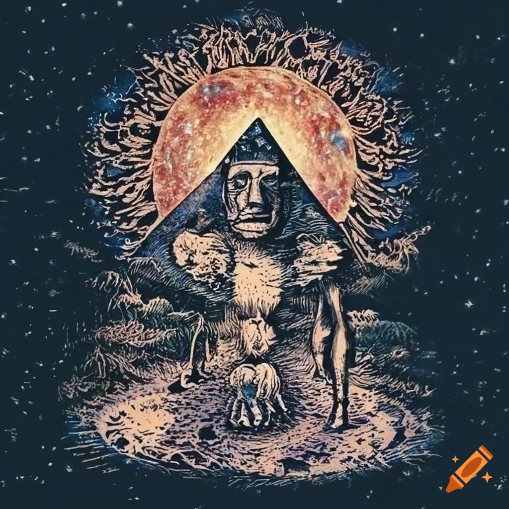 Mountain of cosmic god faces in a woodcut ink style on Craiyon