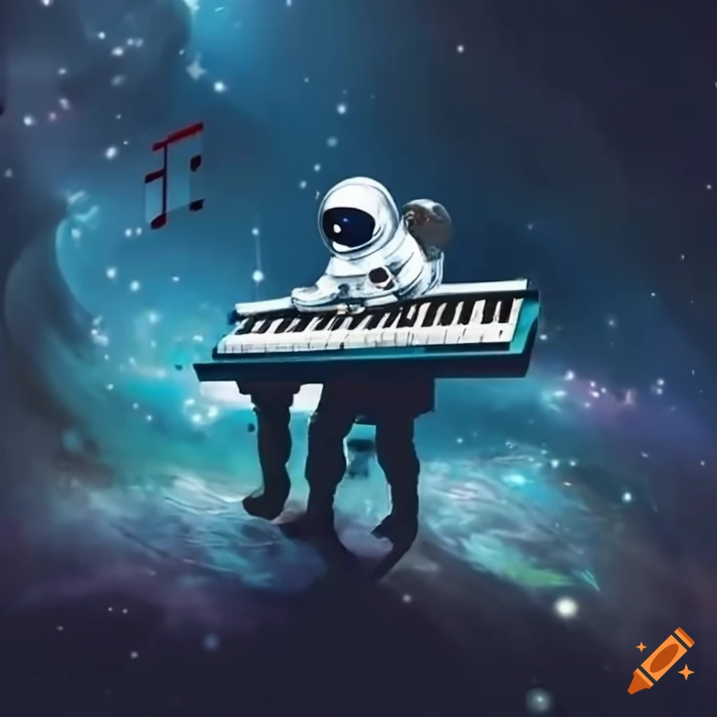 Astronaut playing piano surrounded by music notes in space on Craiyon
