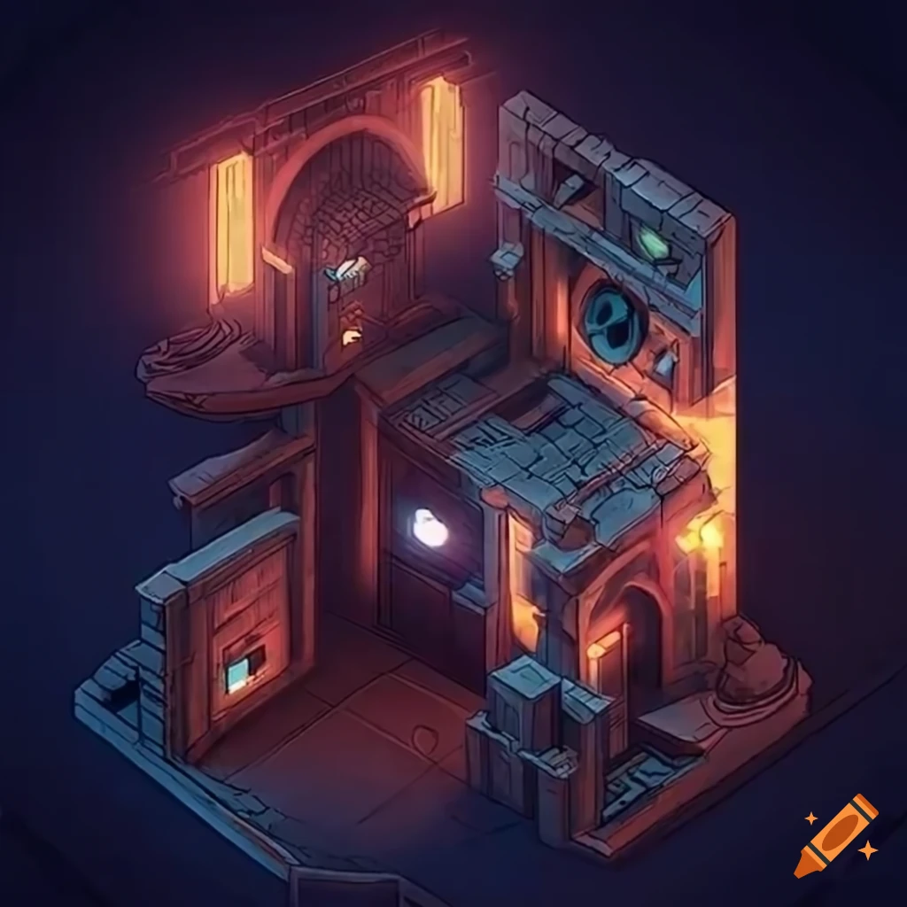 Isometric futuristic dungeon room blending cybernetic and ancient ...