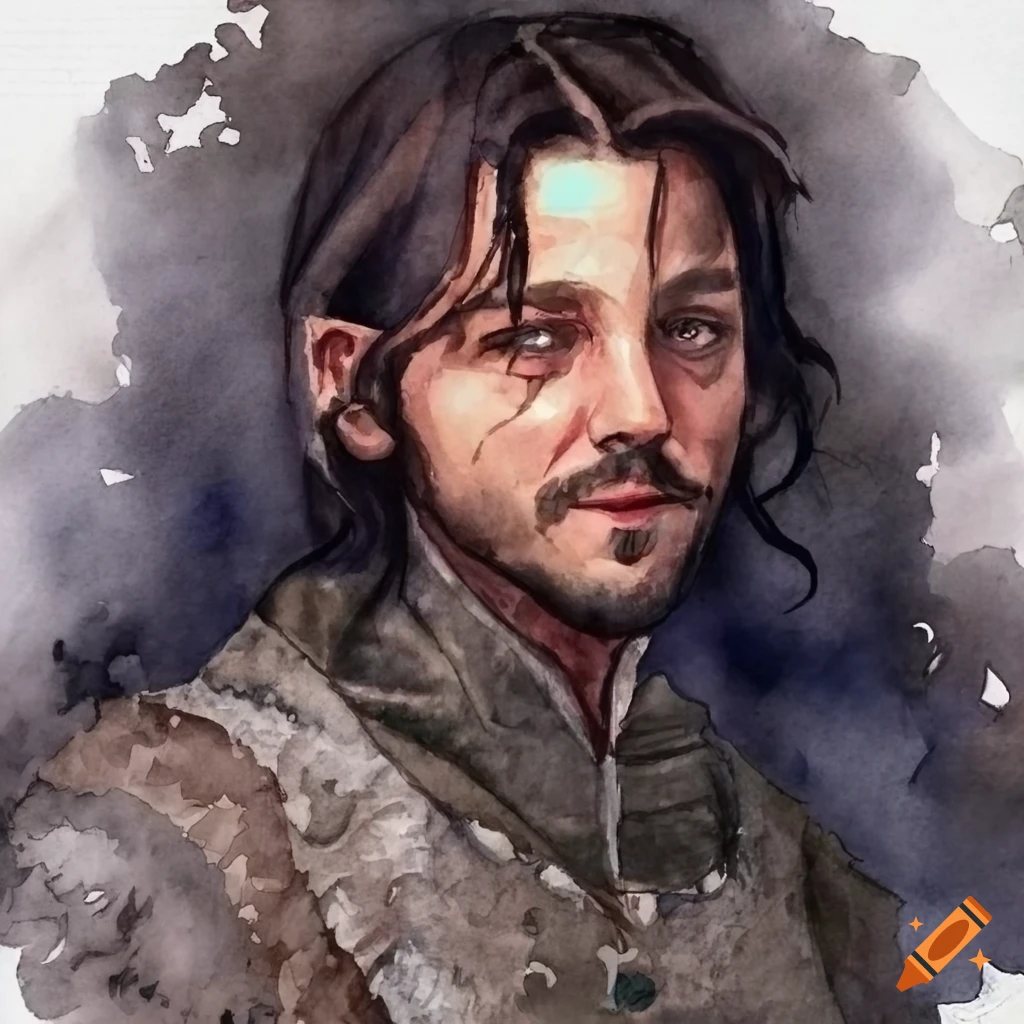 Watercolor painting of a male half-elf rogue in medieval attire with ...
