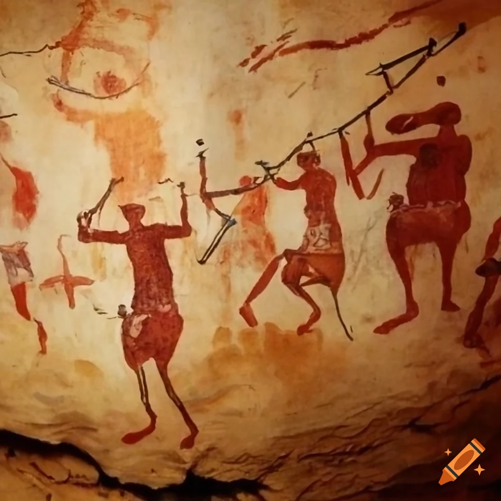 Cave painting of hunting men with rifles on Craiyon