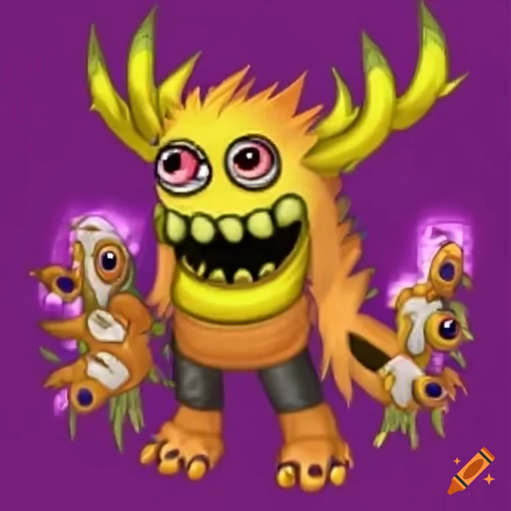 Colorful monster with three arms and four eyes in My Singing Monsters style on Craiyon