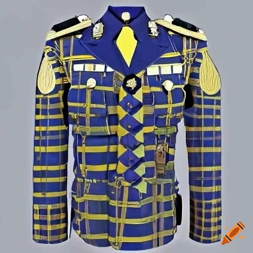 Police uniform design with blue and yellow checkerboard pattern on Craiyon