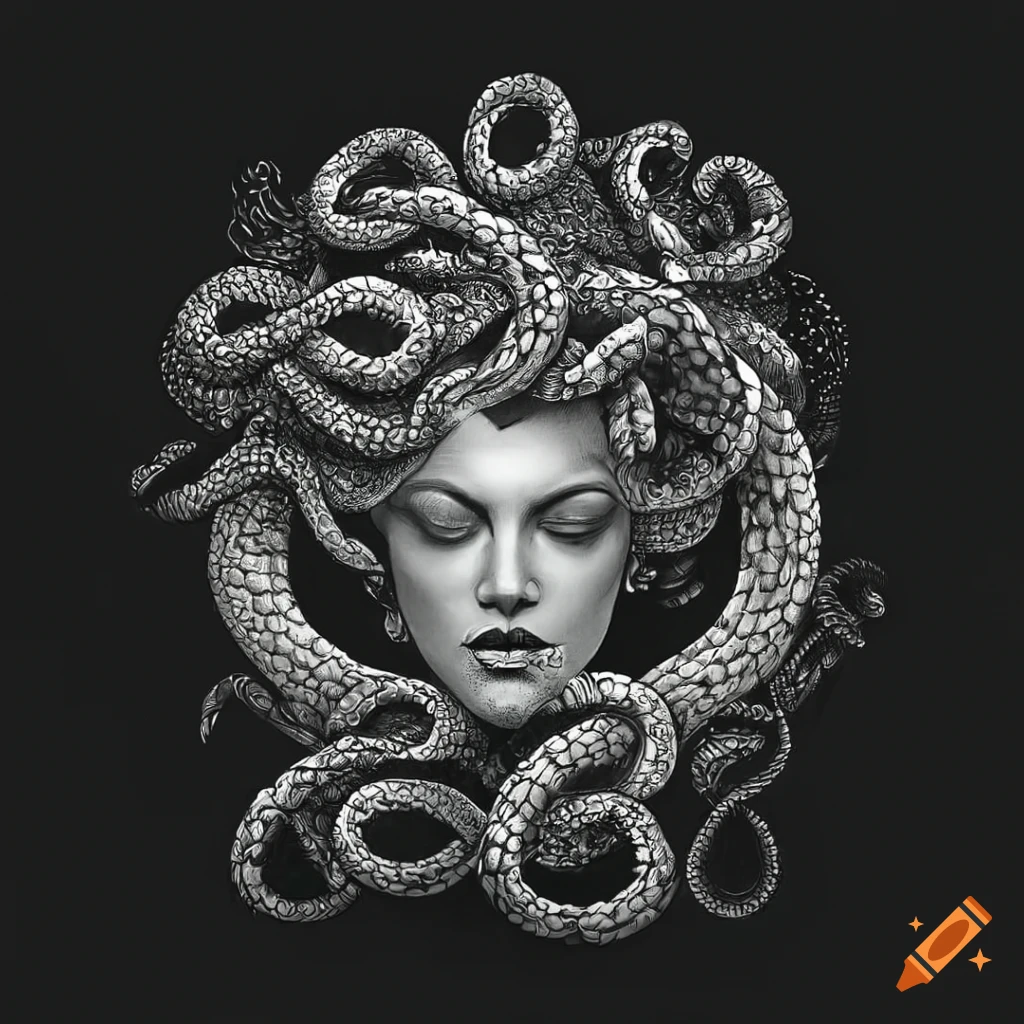 Mythological depiction of Medusa with closed eyes and swirling snakes ...
