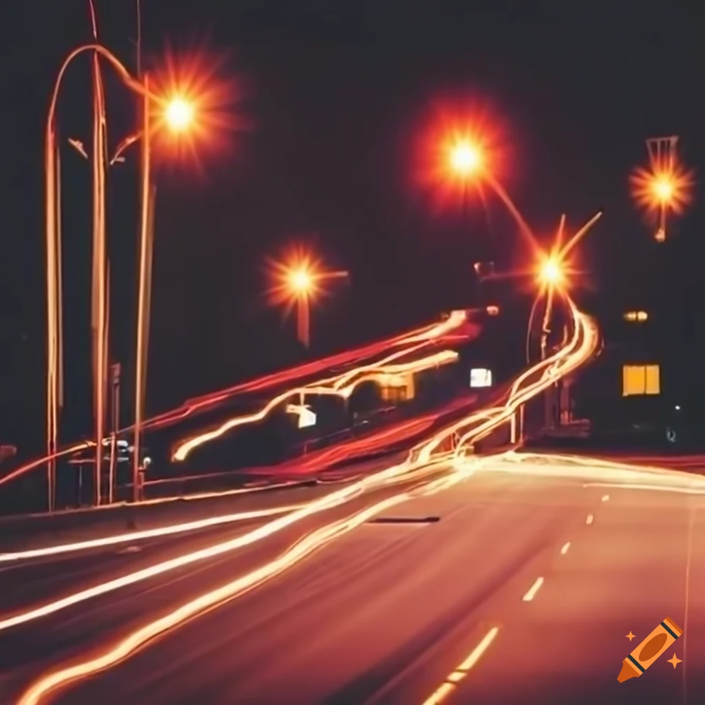 Brightly lit highway intersection at night with orange lights on Craiyon