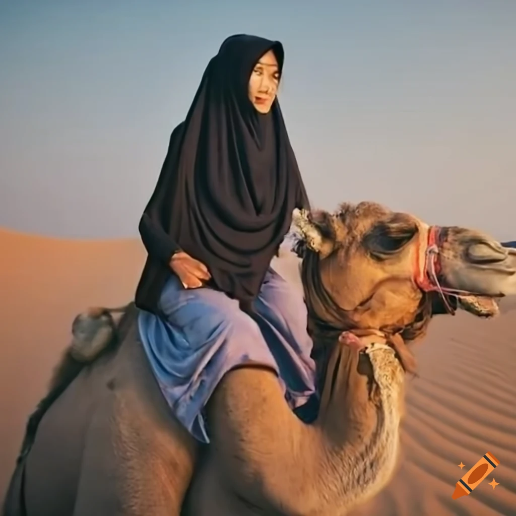 Indonesian girl with hijab riding a camel in the desert on Craiyon