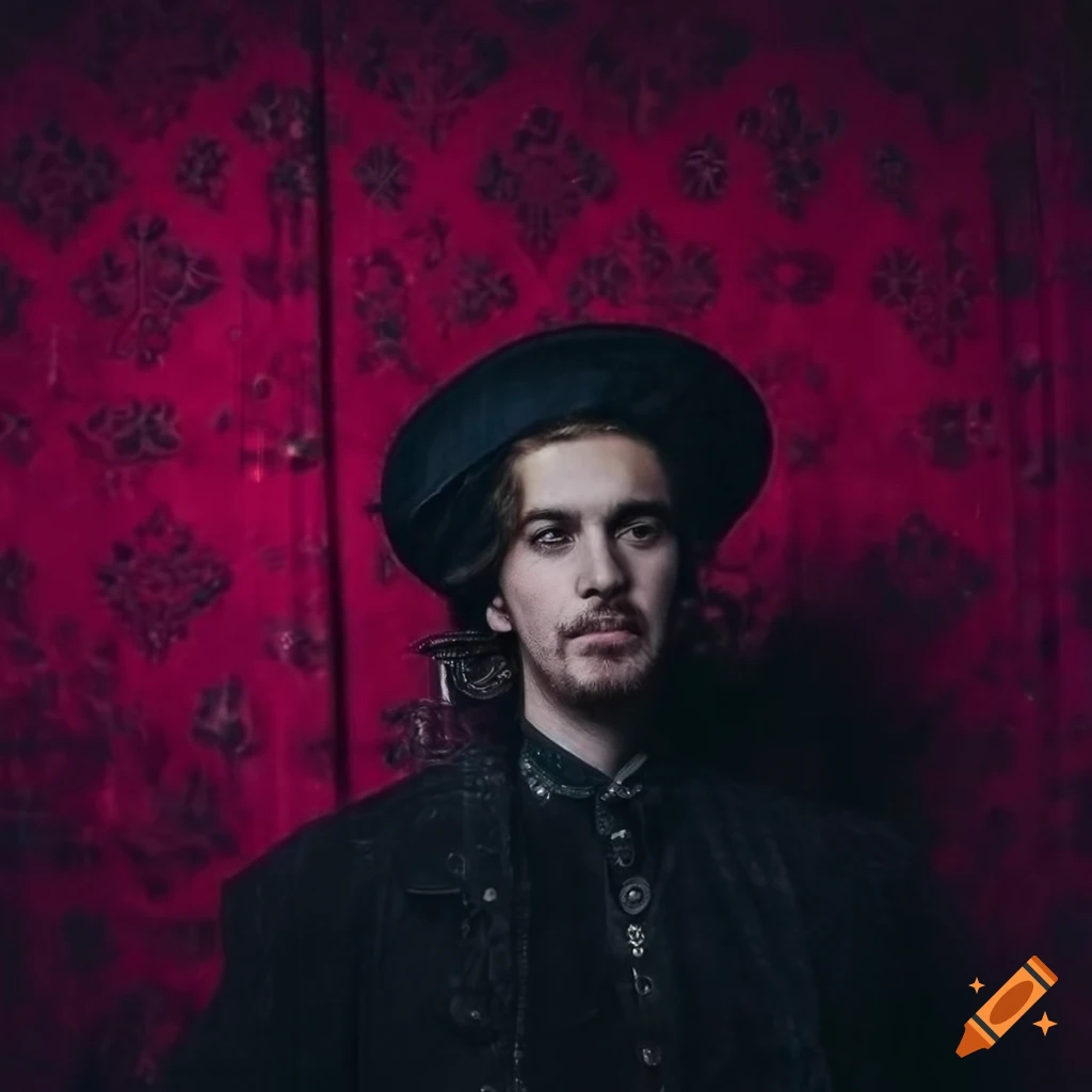 Portrait of a bohemian rock fan in vintage clothing in a dimly lit room ...