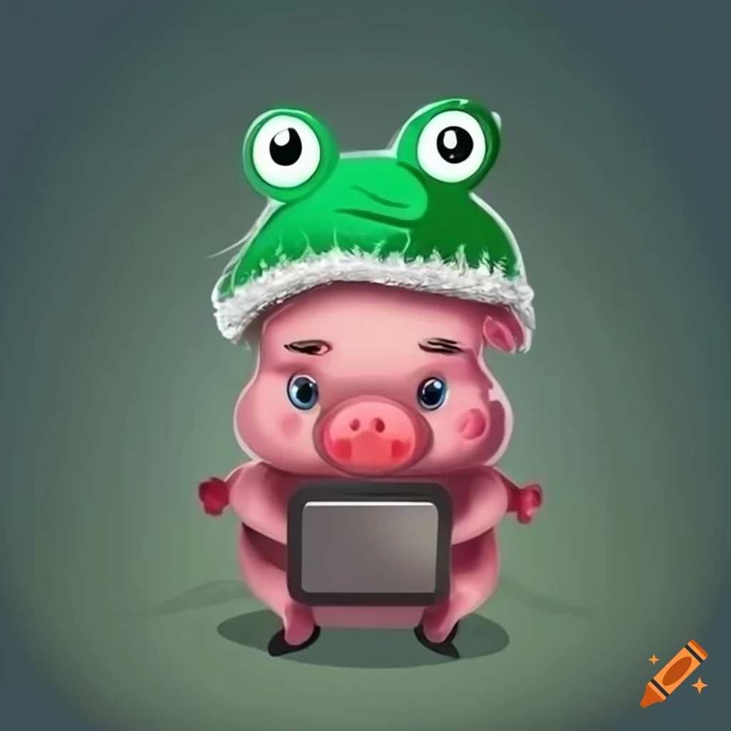 Cartoon pig with frog-shaped winter hat watching TV on Craiyon