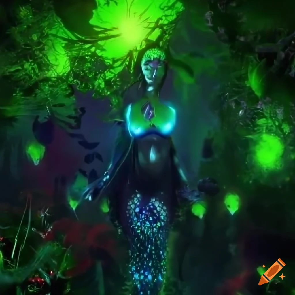 Glowing biopunk cityscape with green moss, plants, mushrooms, and ... Glowing biopunk cityscape with green moss, plants, mushrooms, and ...