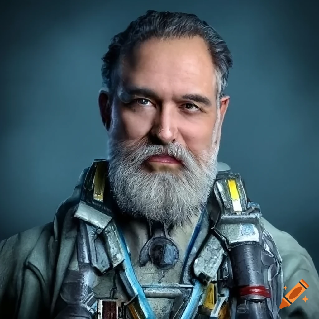 Portrait of a veteran battletech pilot with a beard on Craiyon
