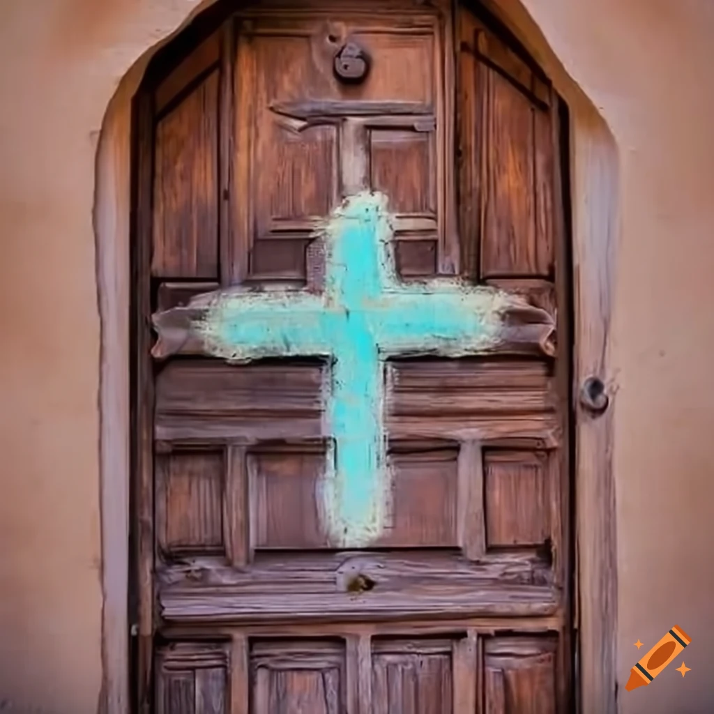 White chalk cross on a wooden door in an Arabian desert city on Craiyon