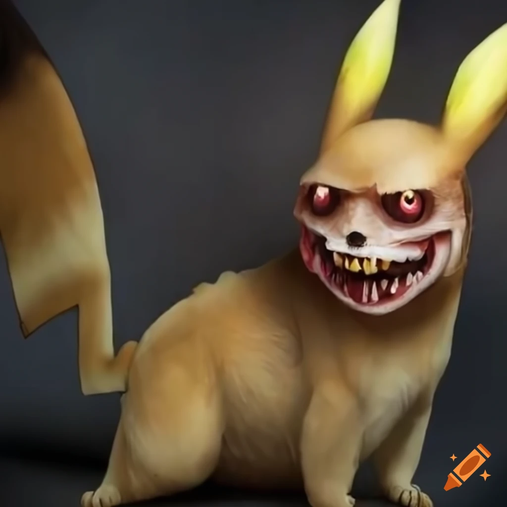 Scary pikachu with sharp teeth eating an eevee on Craiyon