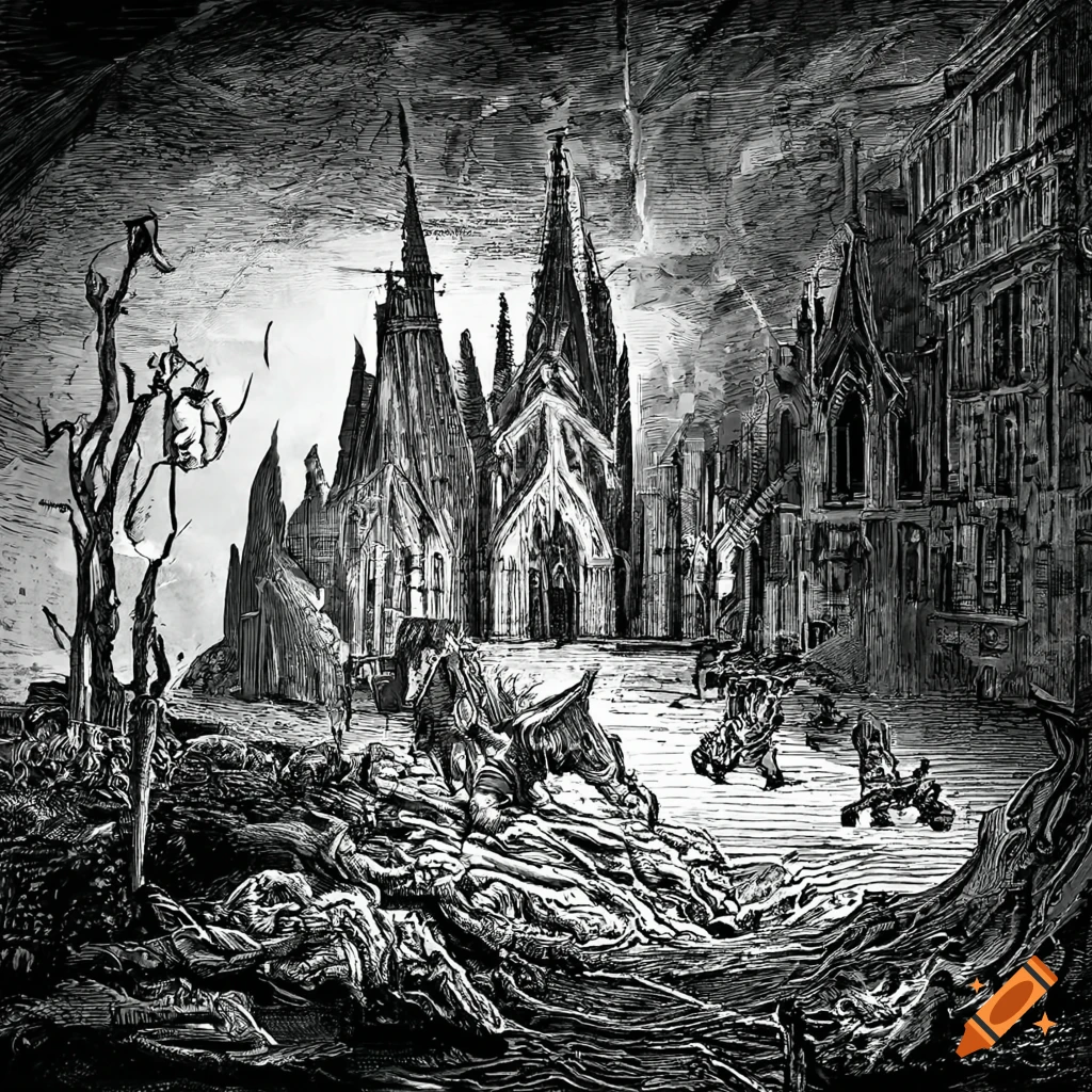 Surreal black and white art of bloodborne beasts and gothic town with ...